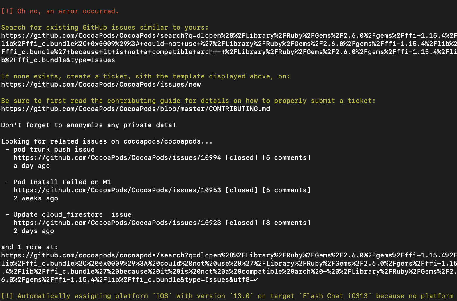 iOS Swift cocoapods 맥북 M1칩 오류 해결