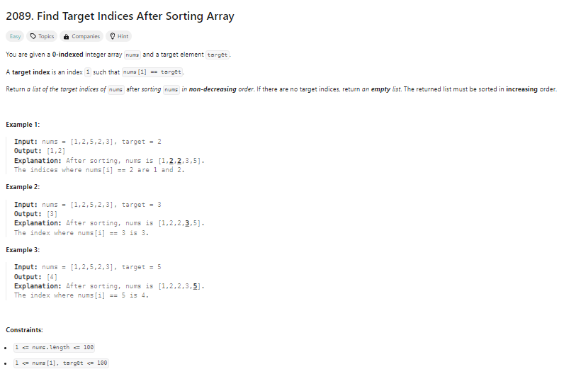 99클럽 코테 스터디 25일차 Til Find Target Indices After Sorting Array