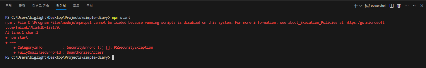 VSCode PowerShell UnauthorizedAccess 오류
