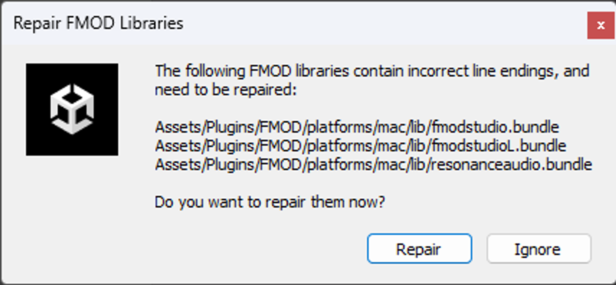 유니티 Repair FMOD Libraries 문제 해결 방법