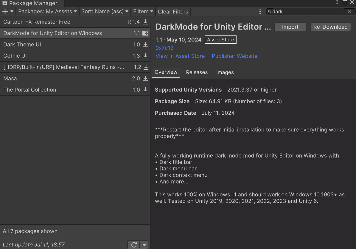 유니티 상단 타이틀 바에도 다크 테마를 적용해보자!