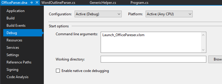 ExcelDna launch in Visual Studio Express