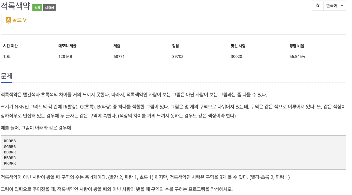 알고리즘(JAVA) - 10026 적록색약 (백준)