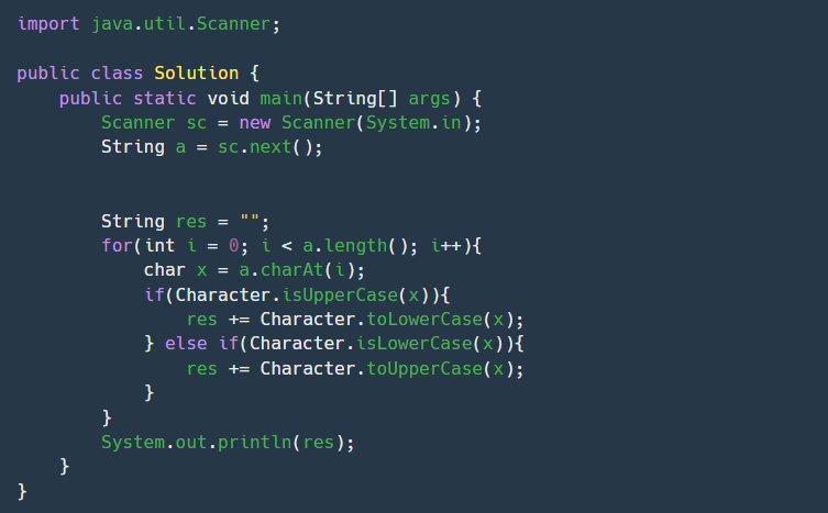 [JAVA] 프로그래머스 코드 리뷰 - Level 0 (대소문자 바꿔서 출력하기)