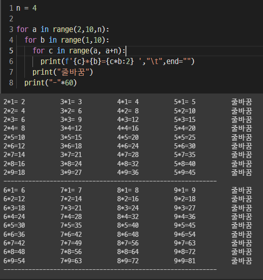 python: 줄 바뀌는 구구단