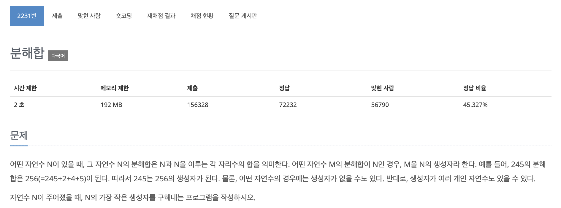 [BOJ] 2231-분해합