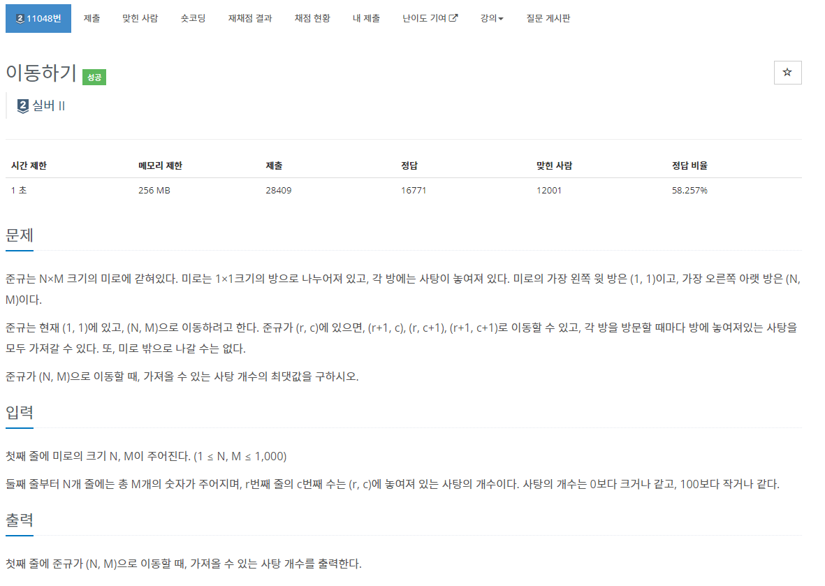 [BOJ] 11048 : 이동하기