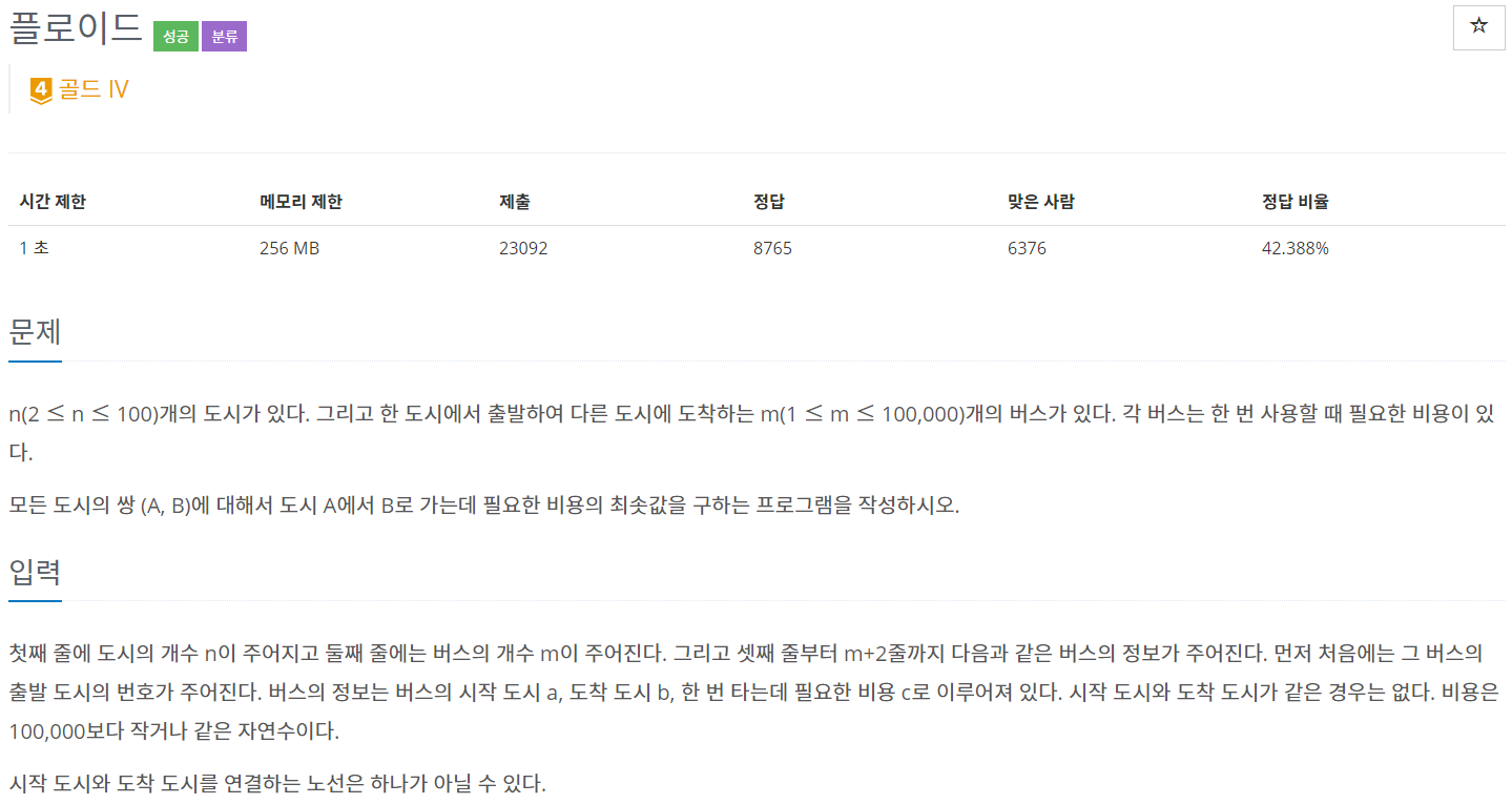 [백준] 11404번 : 플로이드 (python 파이썬)