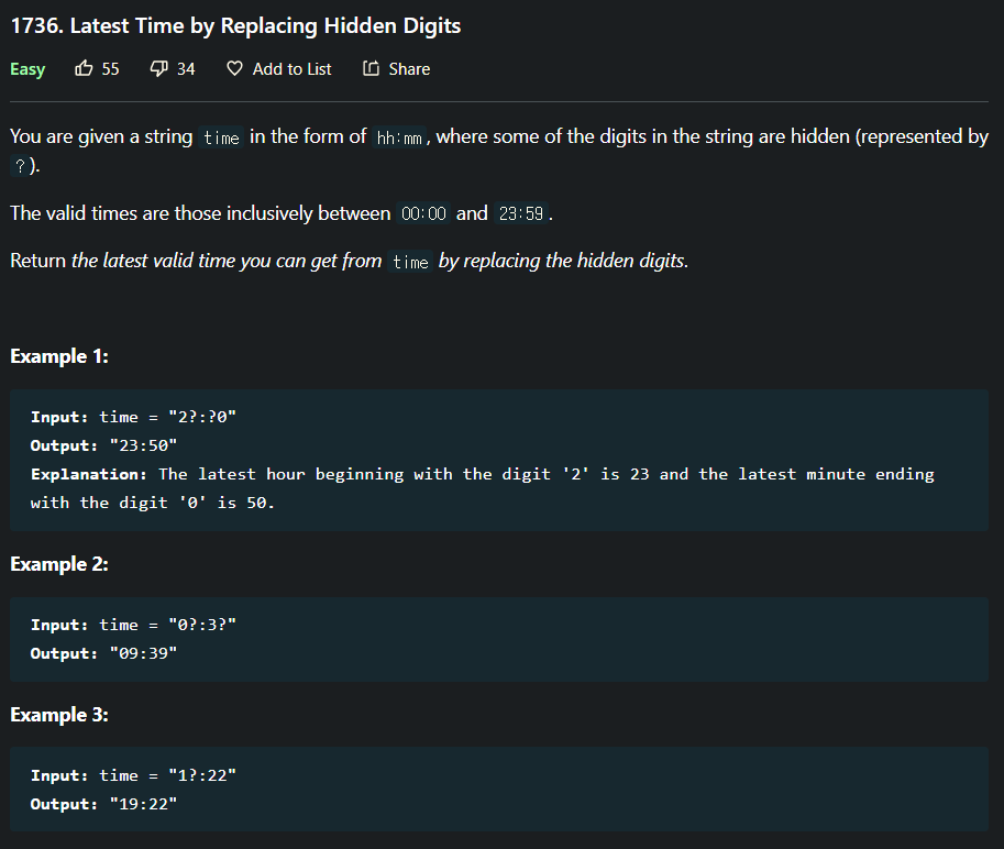 Leetcode 1736 Latest Time By Replacing Hidden Digits