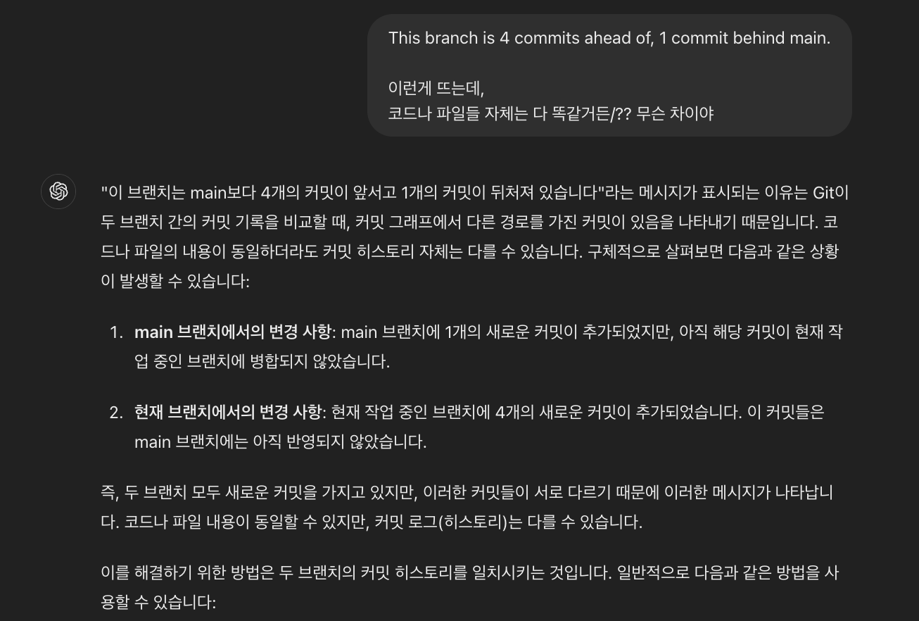 rebase관련 (branch들의 각기 다른 히스토리 관련 문제) (This branch is 4 commits ahead of ...