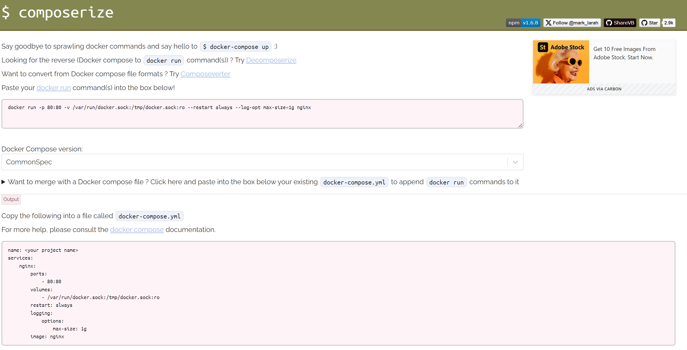 docker명령어를 compose로 변환해주는 툴(composerize)