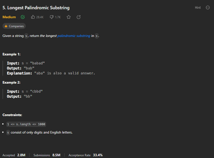 Leetcode 5 Longest Palindromic Substring 파이썬python