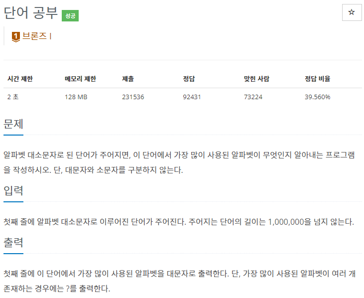 백준 JAVA 1157 단어 공부 풀이