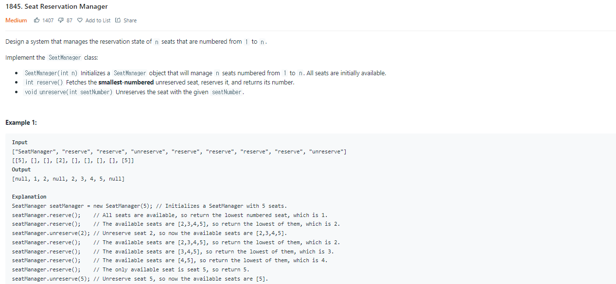 [LeetCode] Seat Reservation Manager