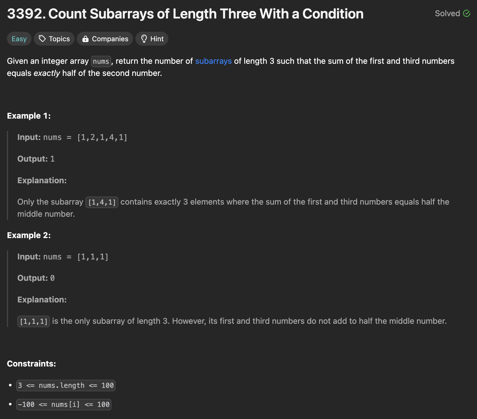 [Leetcode] 3392. Count Subarrays of Length Three With a Condition.