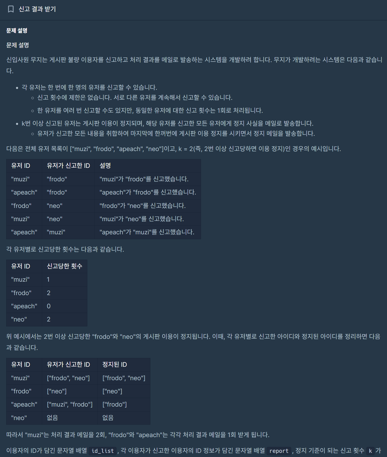 프로그래머스 Lv1 신고 결과 받기(python)