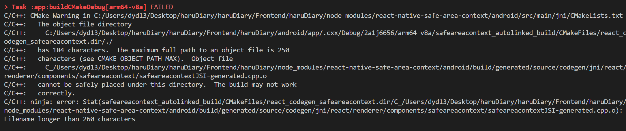 React Native "> Task :app:buildCMakeDebug[arm64-v8a] FAILED" 문제