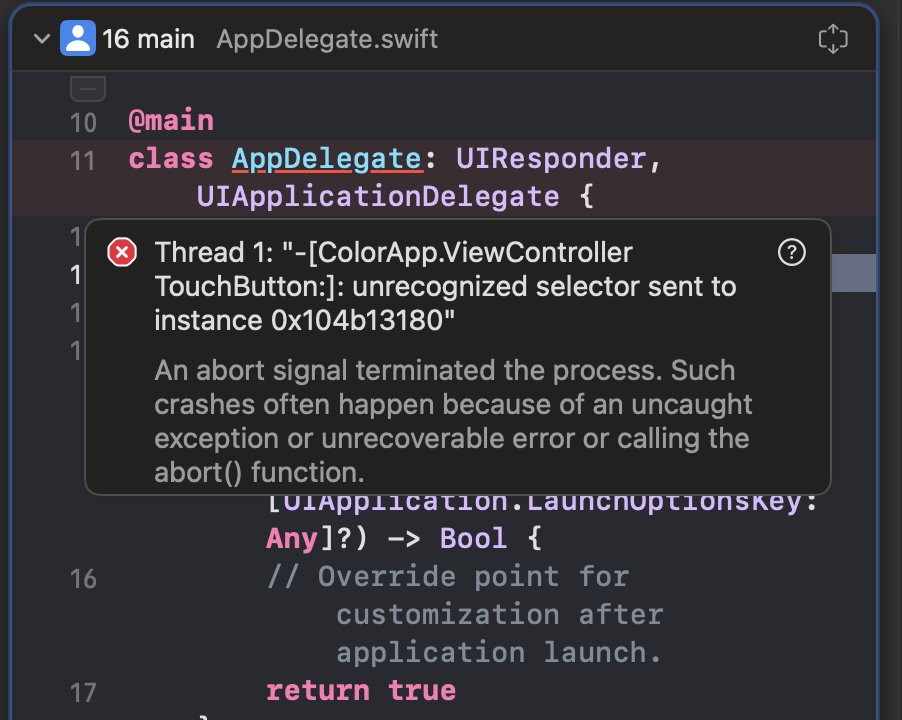 UIViewController에 버튼 연결 후 발생한 오류