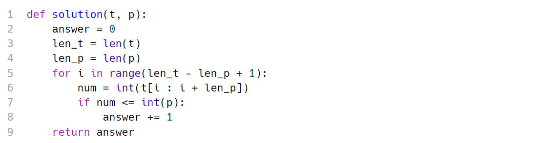 프로그래머스 크기가 작은 부분 문자열python