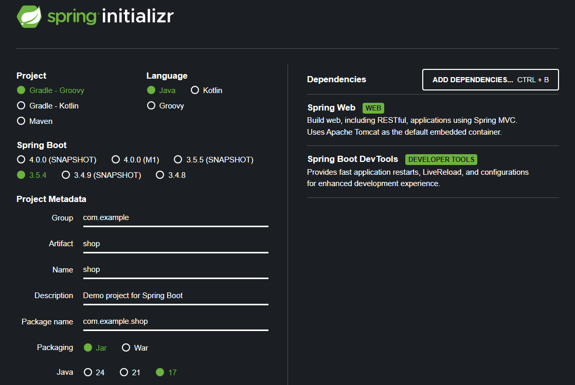 🍃 Spring Boot 개발환경 세팅 (IntelliJ + Initializr)