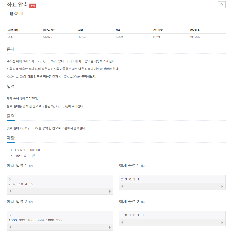 백준 18870번 : 좌표 압축