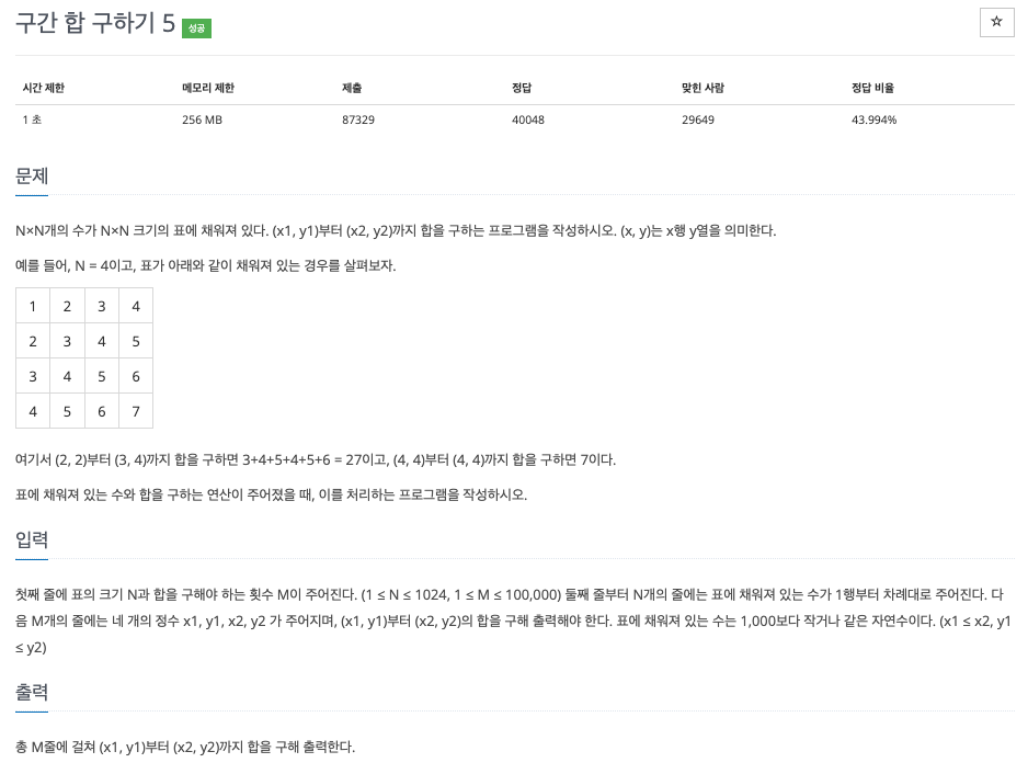 [BAEKJOON] 11660 | Silver 1 | 구간 합 구하기 5