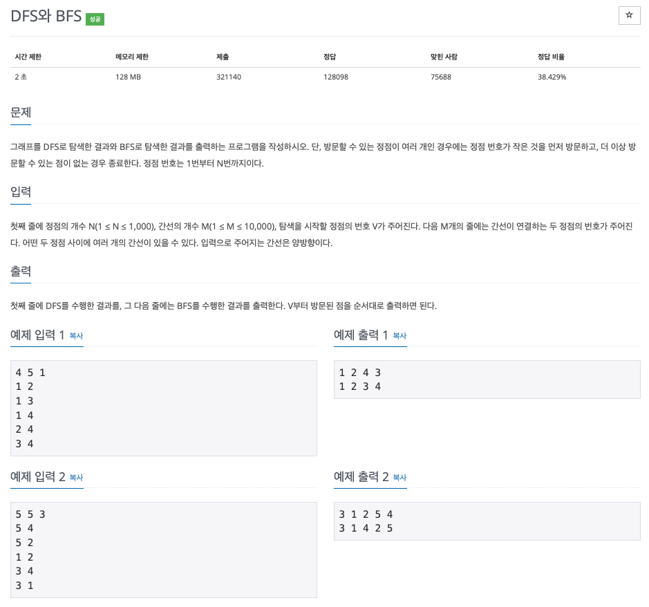 [BAEKJOON] 1260 | Silver 2 | DFS와 BFS