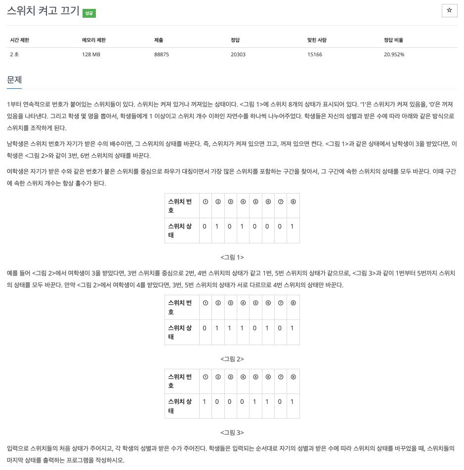 [BAEKJOON] 1244 | Silver 4 | 스위치 켜고 끄기