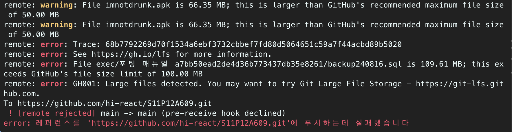 gitlab -> github migration 과정에서 오류 해결 1 - 대용량 파일 오류(Large files detected)