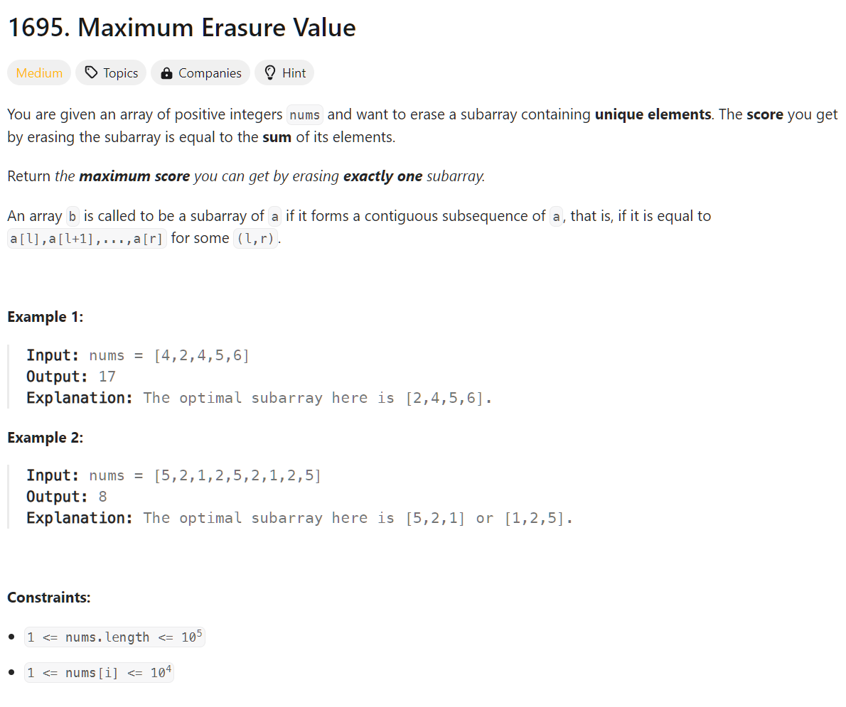 1695. Maximum Erasure Value