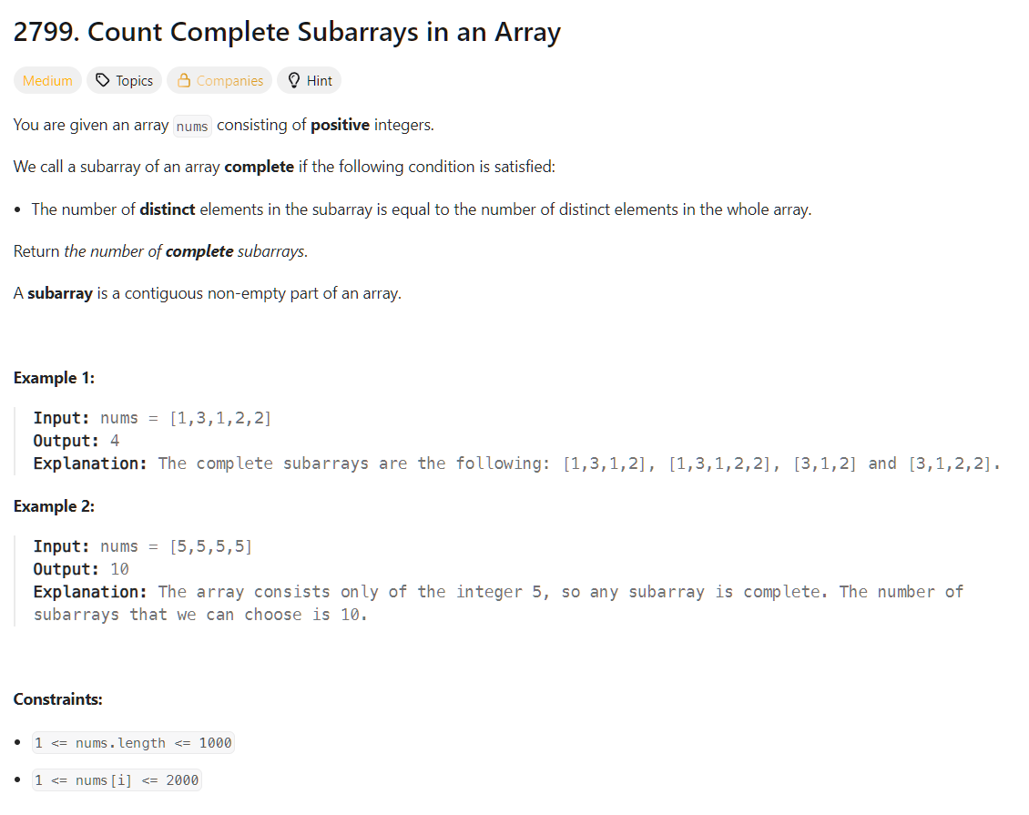 2799. Count Complete Subarrays in an Array