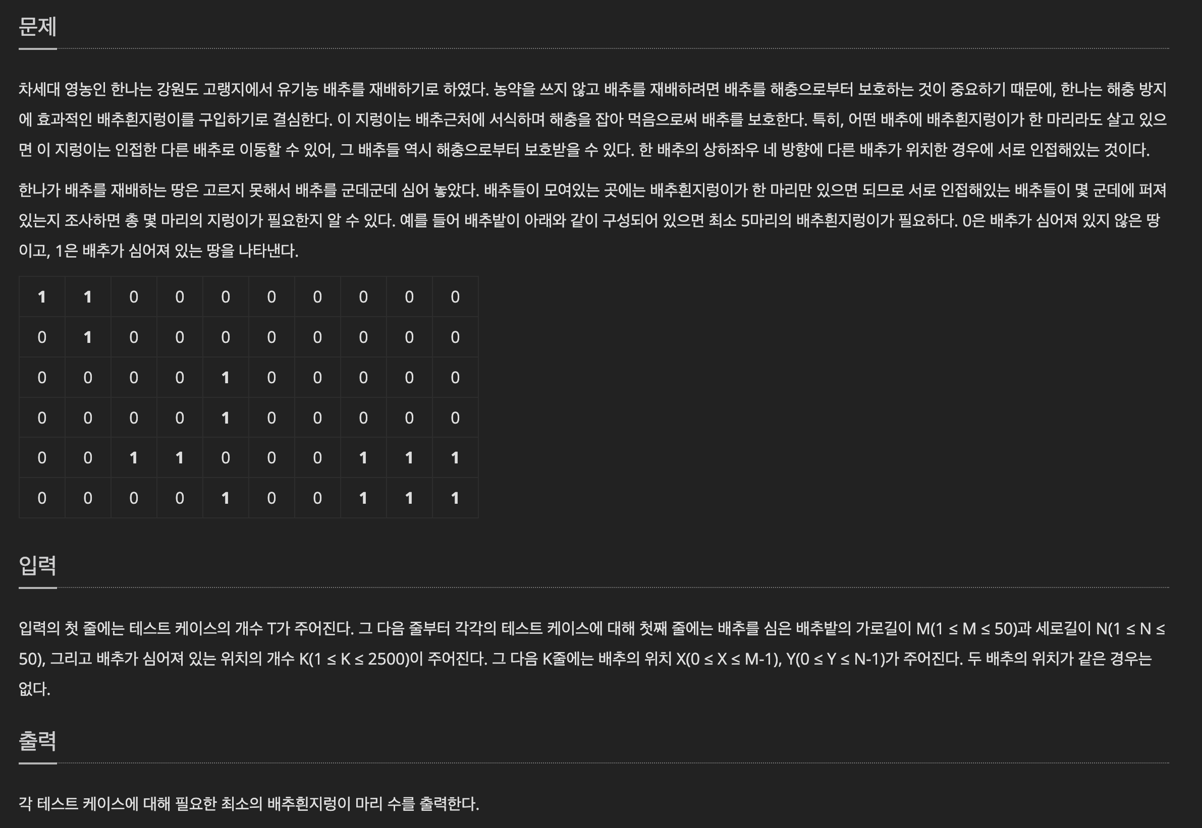 [BOJ] 1012 - 유기농 배추 (Java)