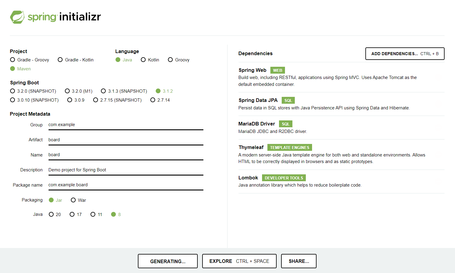 Spring Boot 인텔리제이intellij에서 스프링부트spring Boot 프로젝트 생성 Mariadb 연동 게시판 만들기1