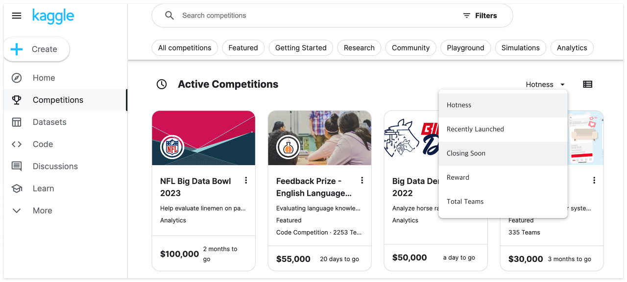 캐글 대회를 탐색합니다.