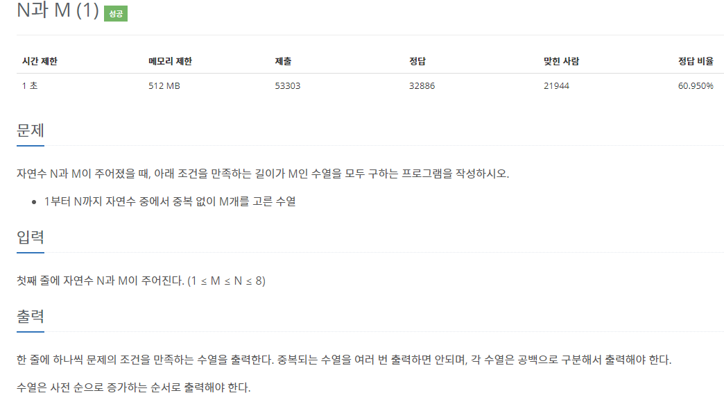 [백준/Java] 15649 N과 M (1)