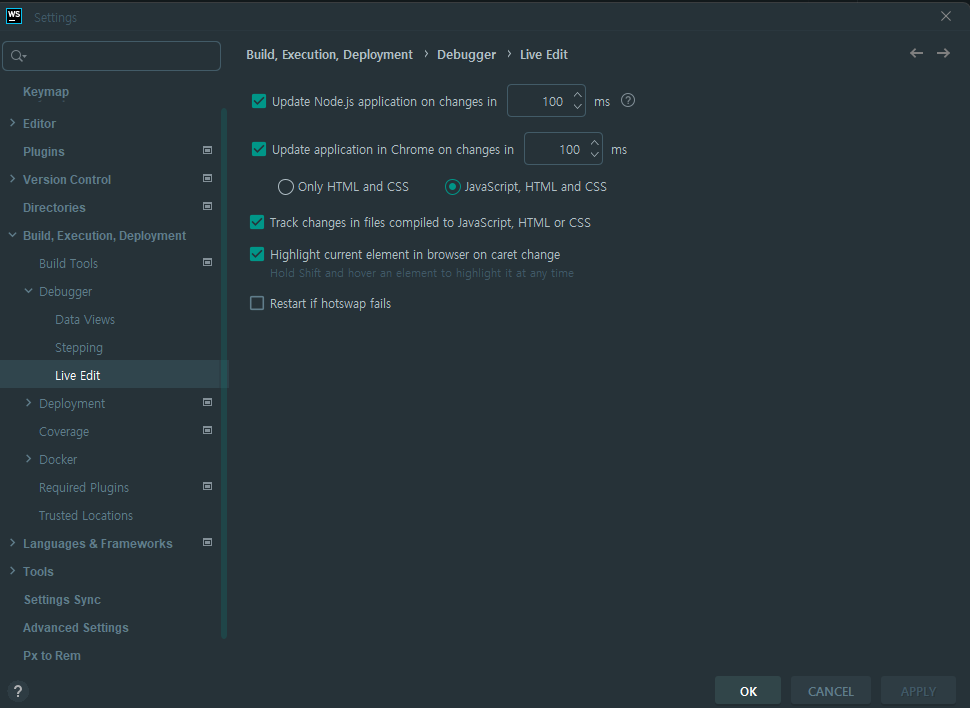 Webstorm 실시간 반영 Live Edit 
