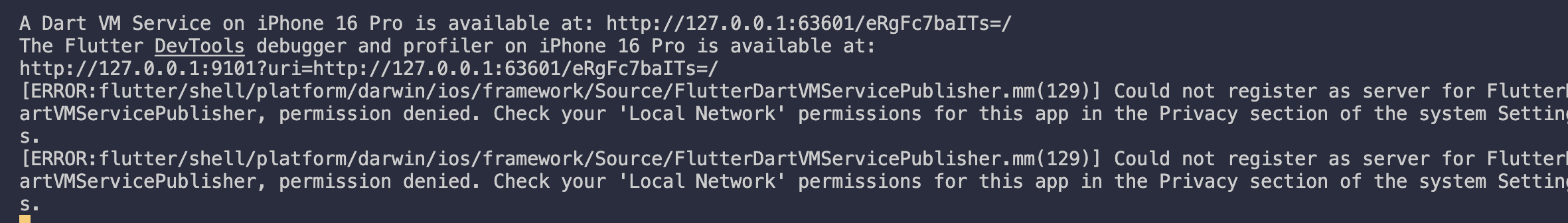 [Flutter IOS]Could not register as server for FlutterDartVMServicePublisher, permission denied.