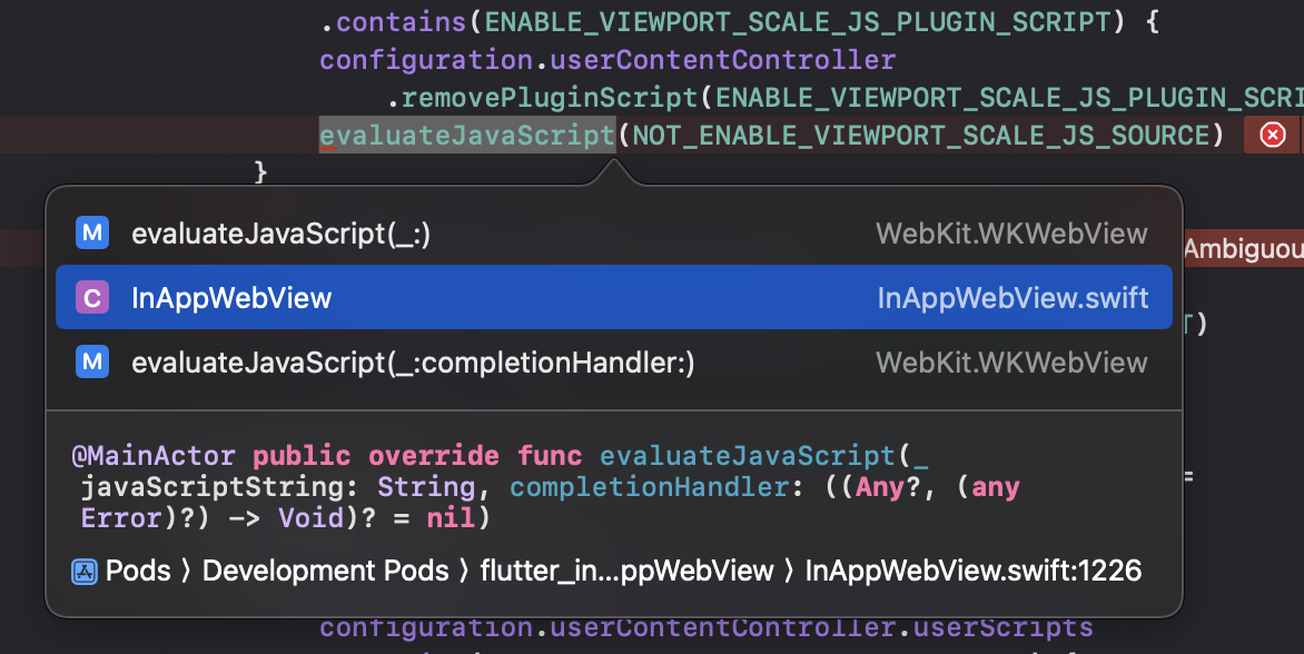 Flutter: iOS 18 flutter_inappwebview Ambiguous use of 'evaluateJavaScript' 에러 해결 방법