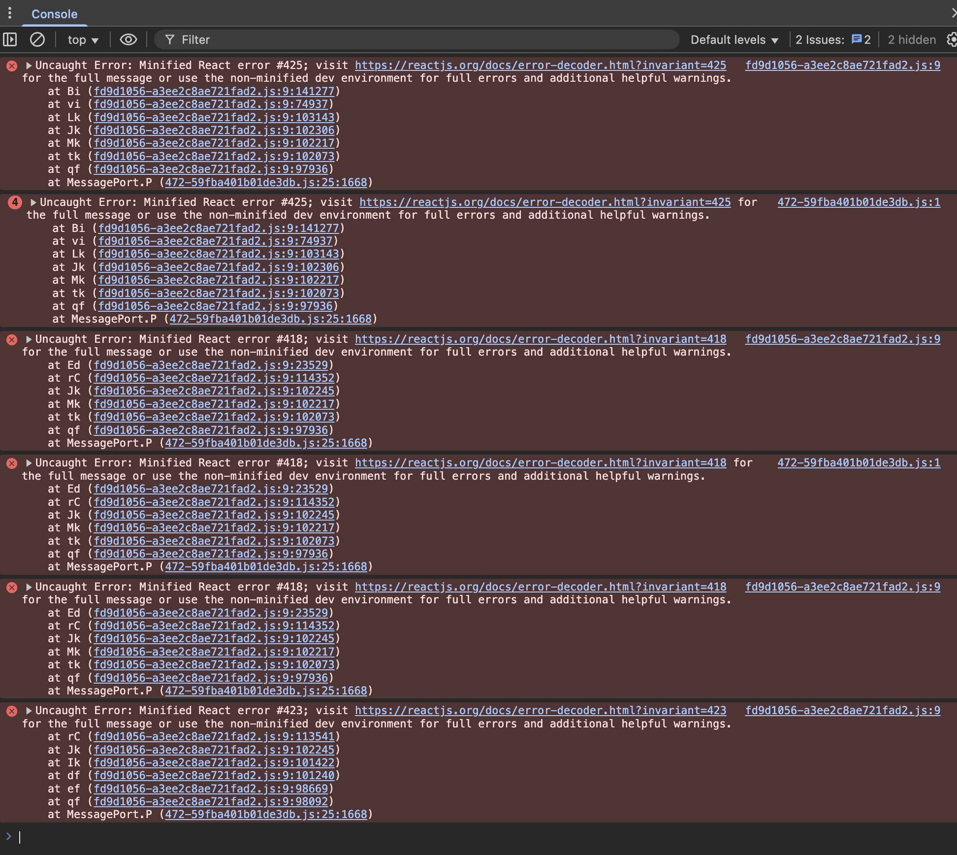 [Next.js] (Uncaught Error: Minified React error #418, #423,#425)