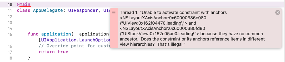 Error | Thread 1: "Unable to activate constraint with anchors