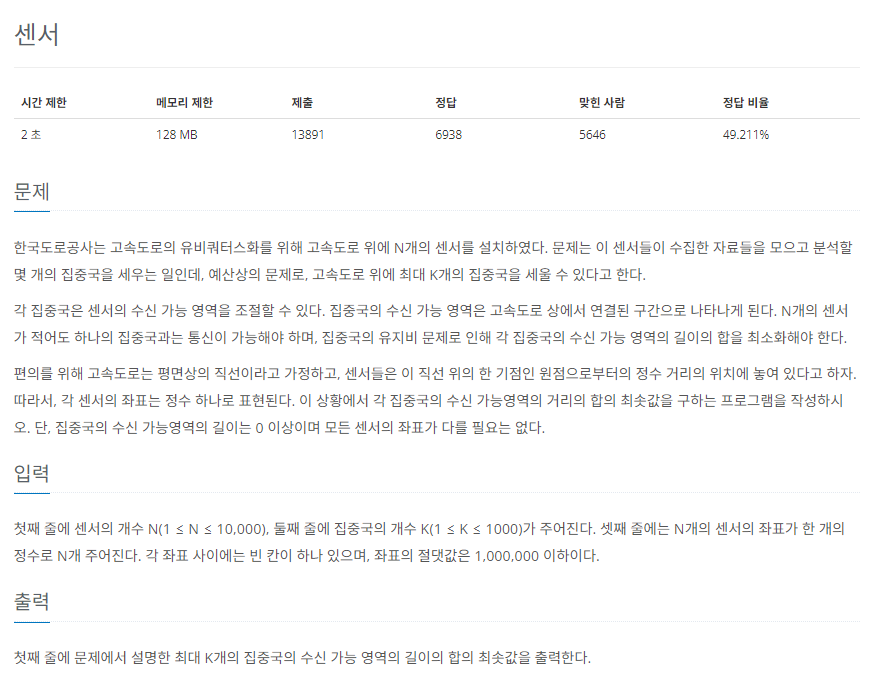 [Algorithm][BOJ 2212] 센서