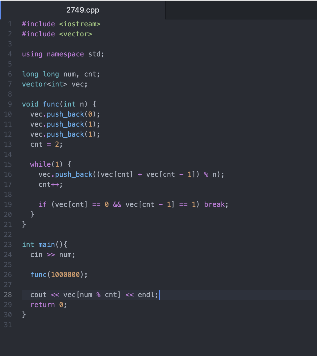 [BOJ wk1] 2749 - 피보나치 수 3 / C++