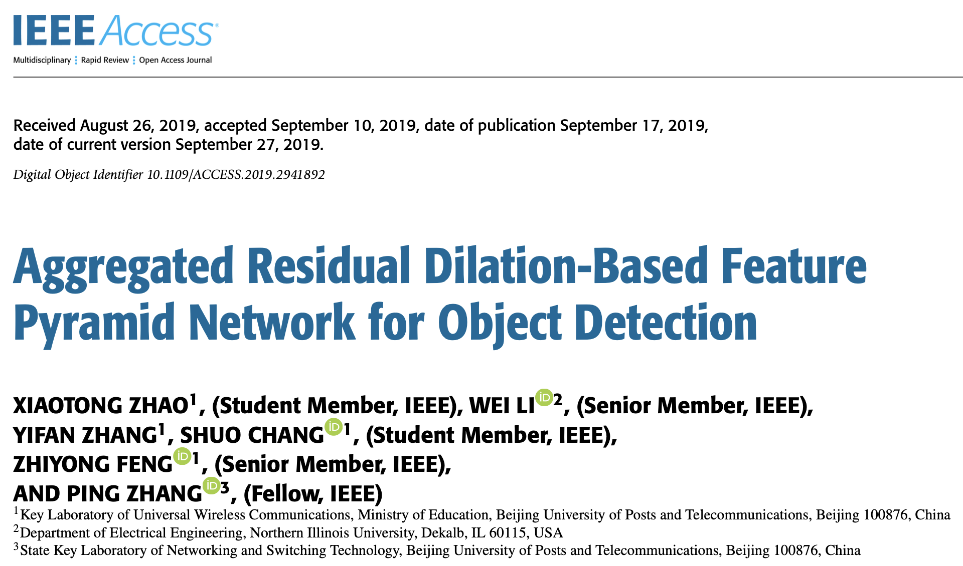 [2019 IEEE Access] Aggregated Residual Dilation-Based Feature Pyramid Network for Object Detection