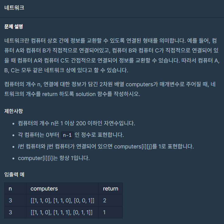 [프로그래머스] 깊이/너비 우선 탐색(DFS/BFS) - 네트워크