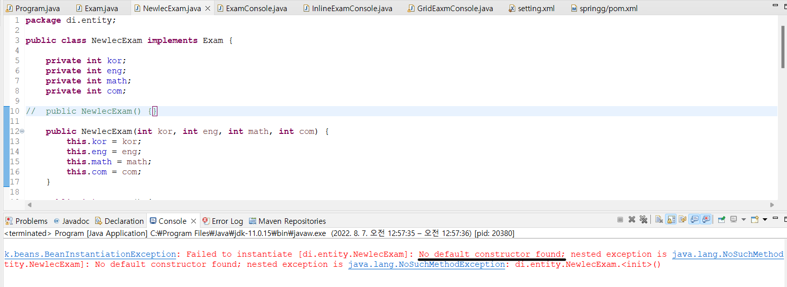 spring framework 오류 - No default constructor found