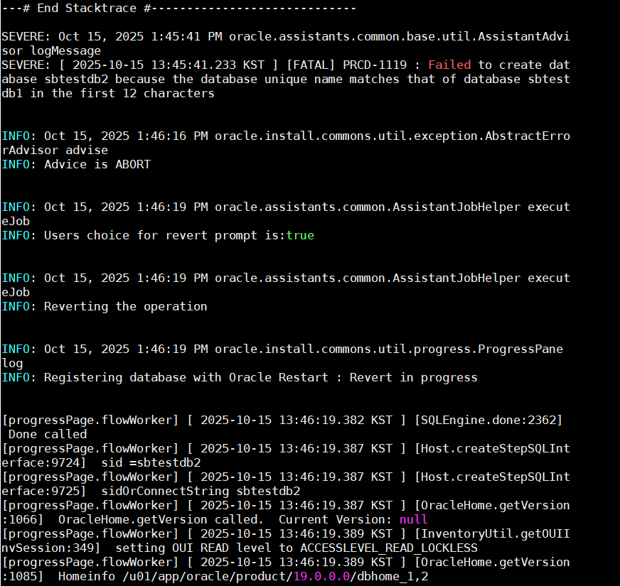 [FATAL] PRCD-1119 : Failed to create database