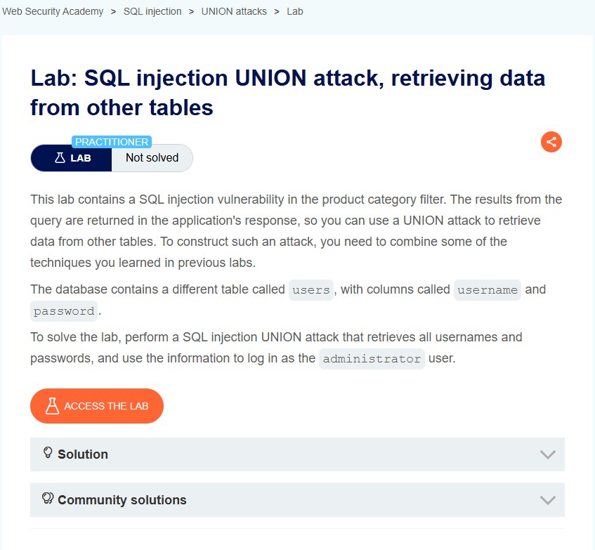 [PortSwigger_LAB] 다른 테이블에서 데이터 검색하기 (SQLi)