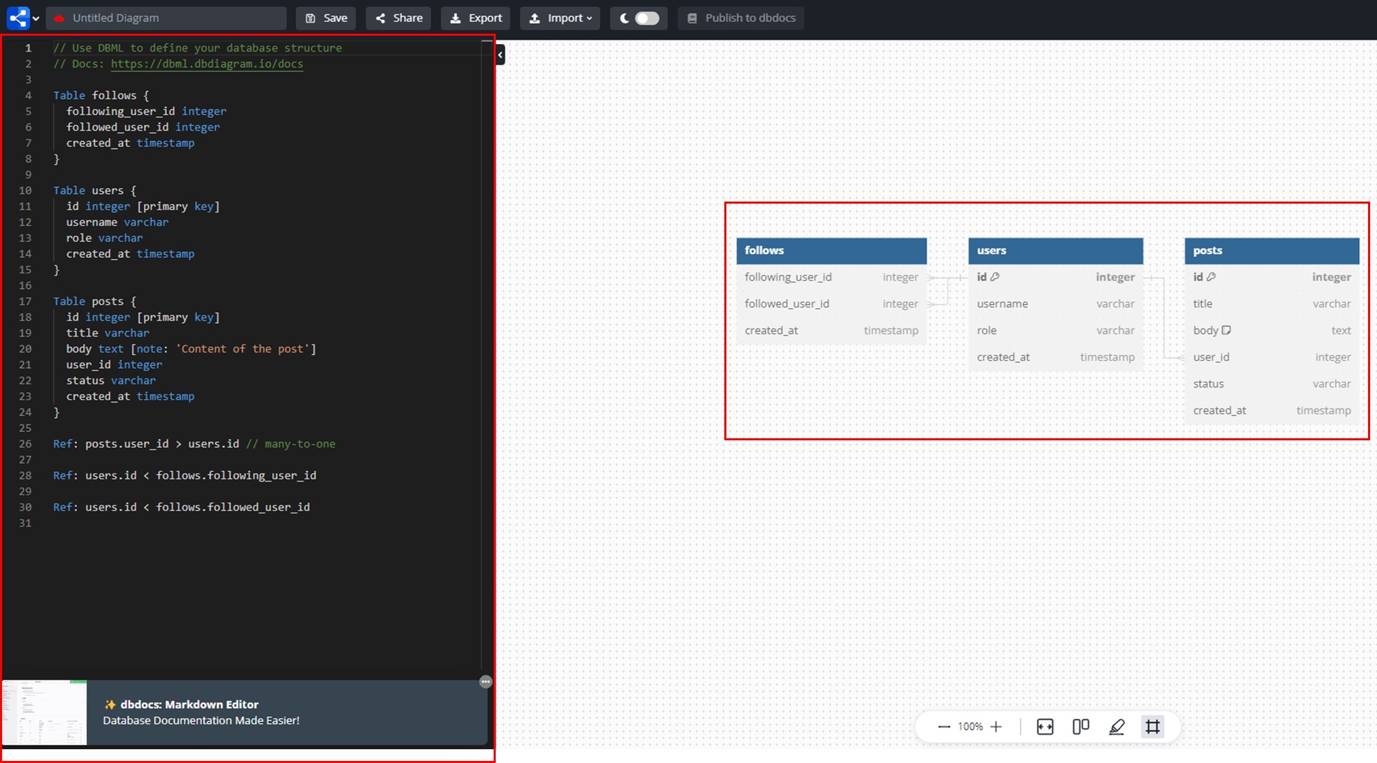 [dbdiagram.io] - 웹 환경에서도 ERD을 그릴 수 있다.