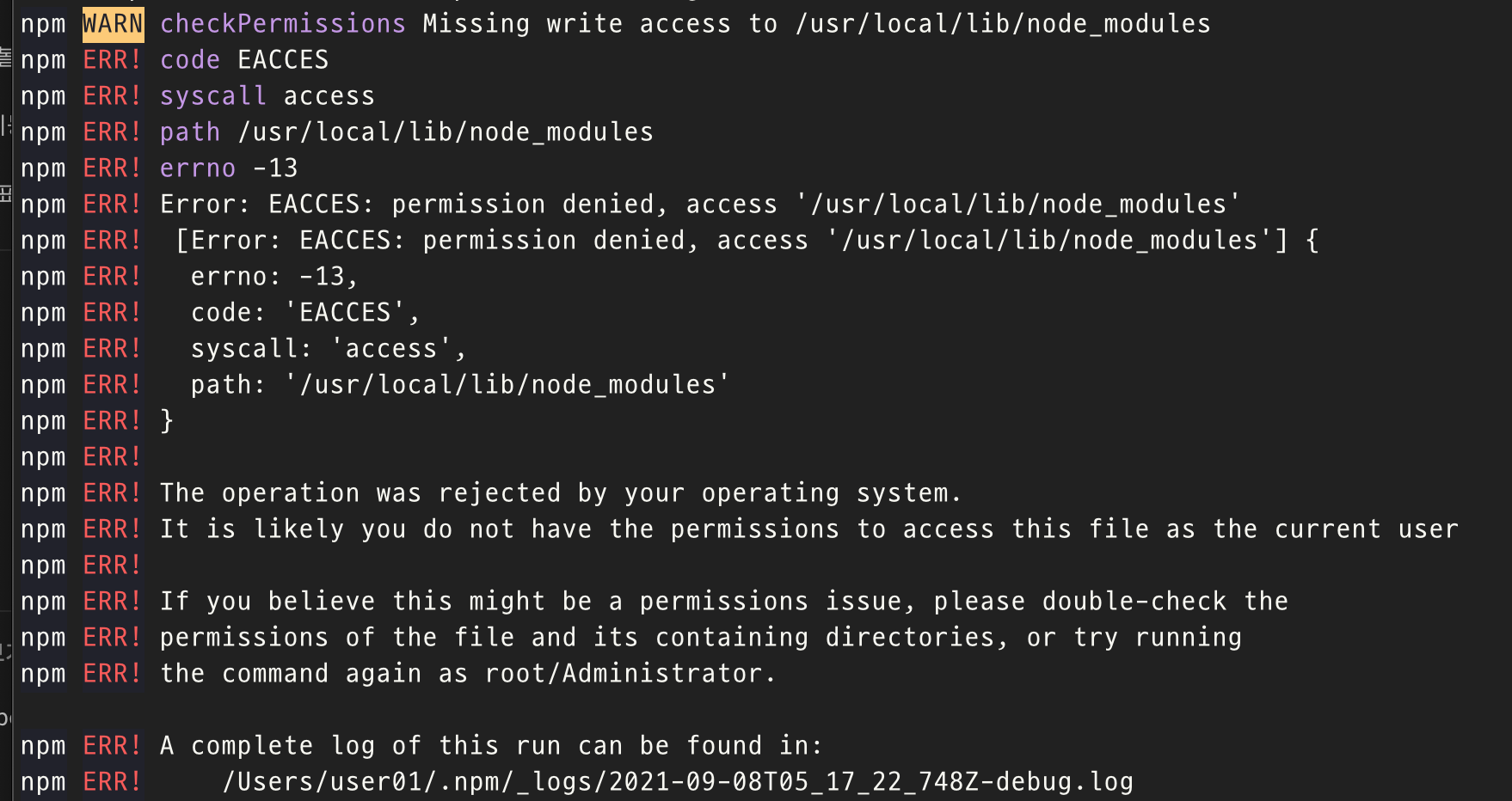 Missing write access to /usr/local/lib/node_modules 오류 해결