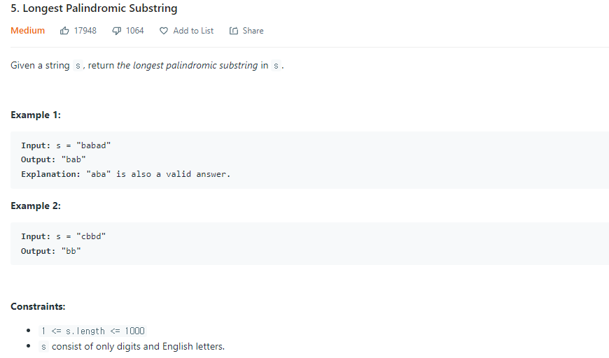  Leetcode Longest Palindromic Substring